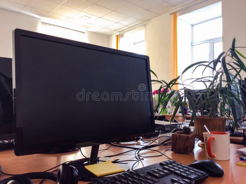 Monitor with Keyboard on Wooden Table with Cup of Coffee and Green ...