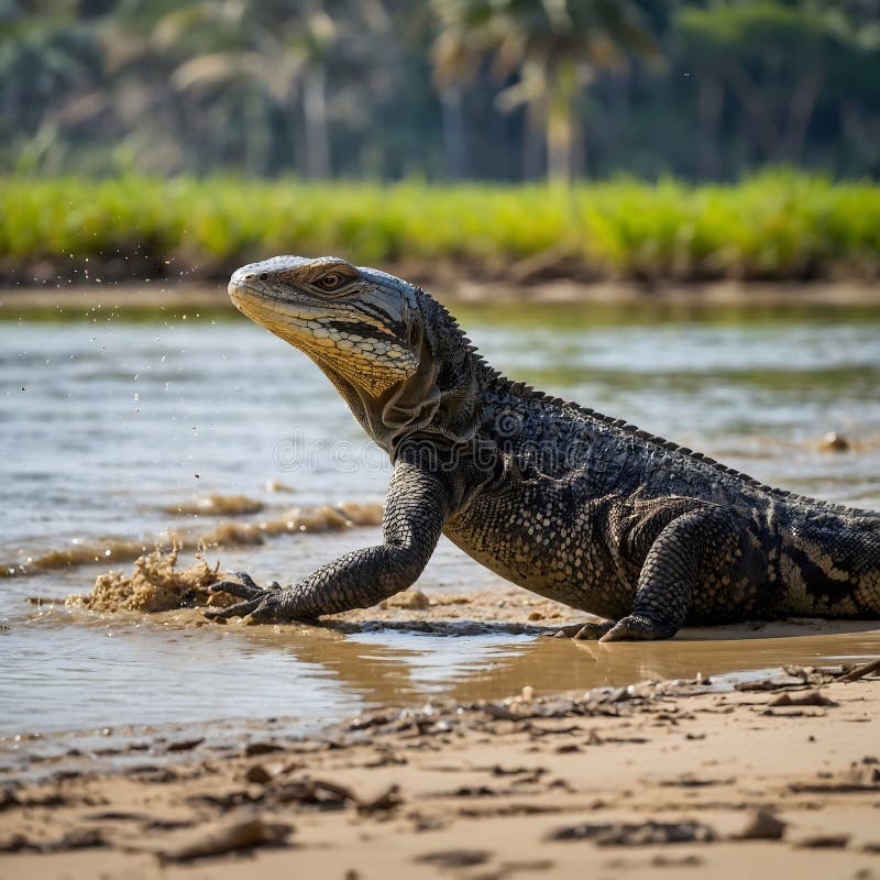Monitor Lizard Darting Across Sandy Riverbank with Whipping Tail and ...