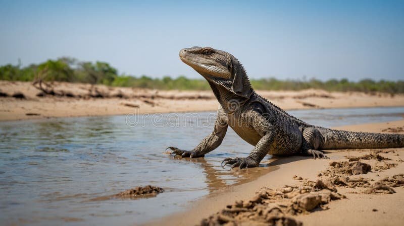 Swift Pursuit: Monitor Lizard Racing Along Riverbank with Birds Soaring ...