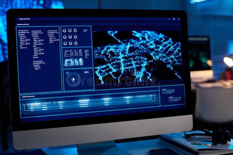 Monitor with Military Graphic Data Stock Image - Image of online ...