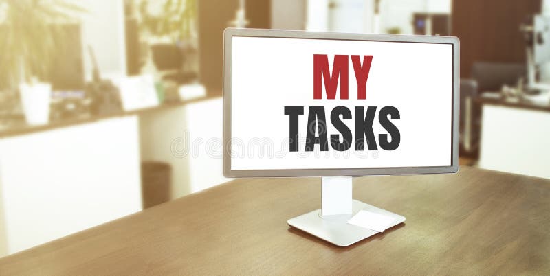 Monitor in Modern Office with MY TASKS Text on the Screen Stock Photo ...