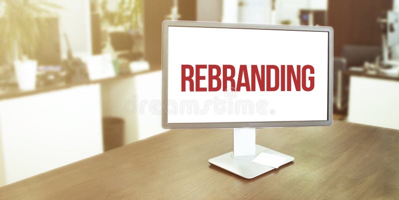 Monitor in Modern Office with REBRANDING Text on the Screen Stock Image ...