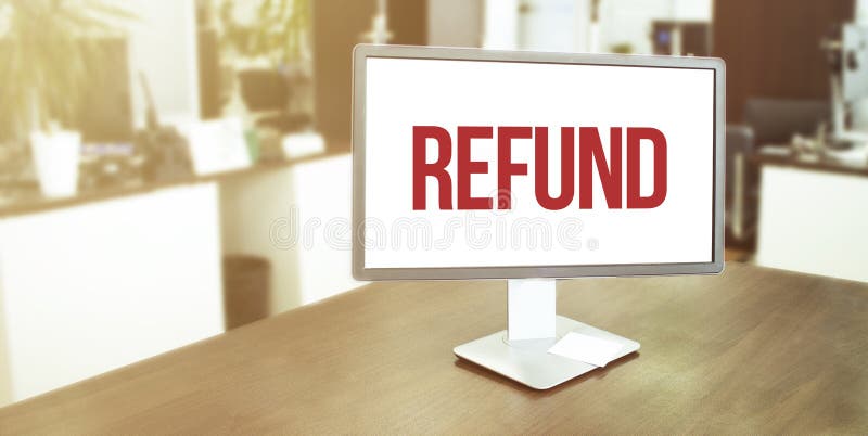 Monitor in Modern Office with REFUND Text on the Screen Stock Photo ...