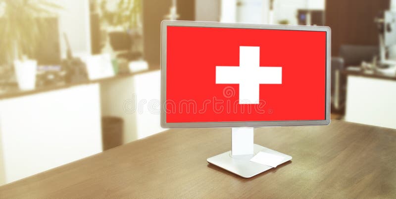 Monitor in Modern Office with Switzerland Flag on the Screen Stock ...