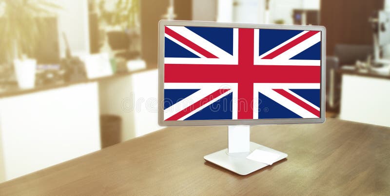 Monitor in Modern Office with United Kingdom Flag on the Screen Stock ...