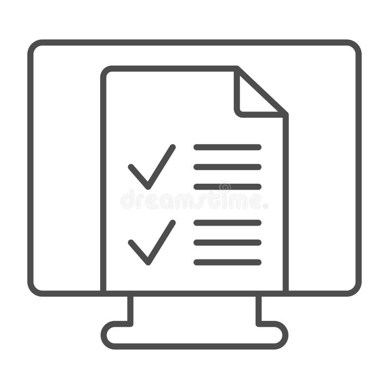Monitor with Document Thin Line Icon. List on Computer Vector ...