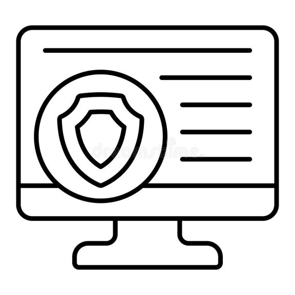 Monitor with Safety Emblem Thin Line Icon, Data Protection Concept ...