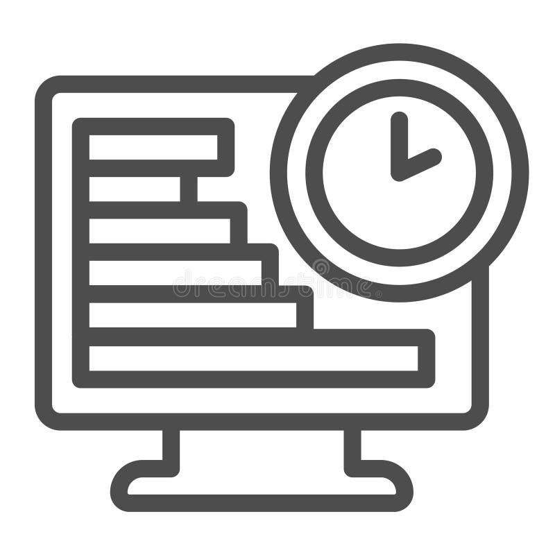 Monitor Screen with Chart and Clock Line Icon, Remote Work Concept ...