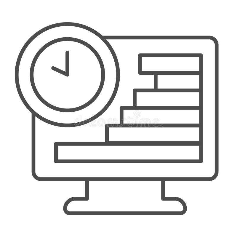 Monitor Screen with Chart and Clock Thin Line Icon, Remote Work Concept ...