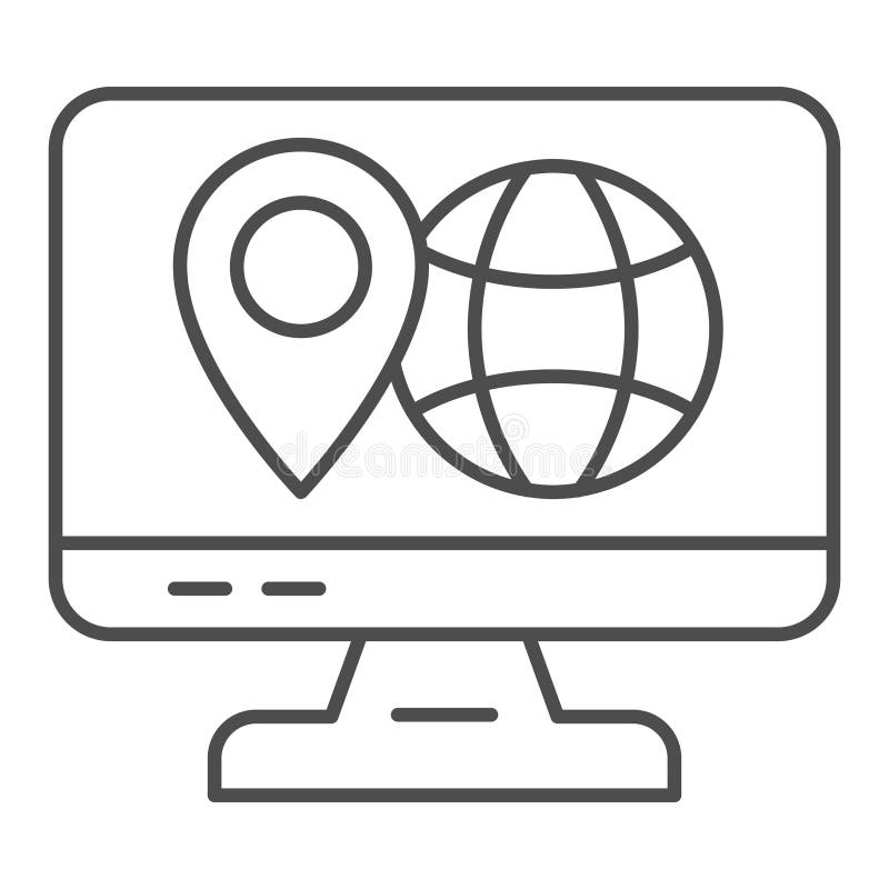 Monitor Screen with Globe and Location Pin Thin Line Icon, World ...