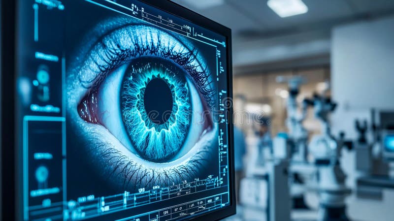 On the Monitor Screen, a Macro Image of a Human Eye is Bright Blue and ...