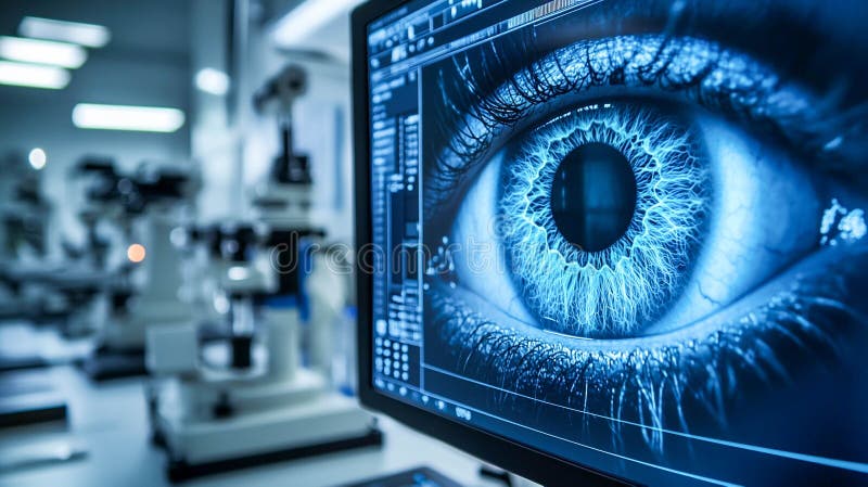 On the Monitor Screen, a Macro Image of a Human Eye is Bright Blue and ...