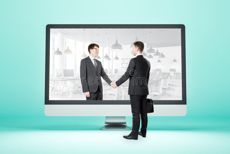 Monitor with shaking hands stock photo. Image of minimalistic - 166185352