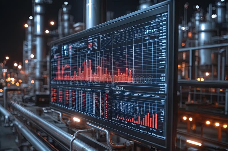 Data Analysis Display at Night in an Industrial Facility Showcasing ...