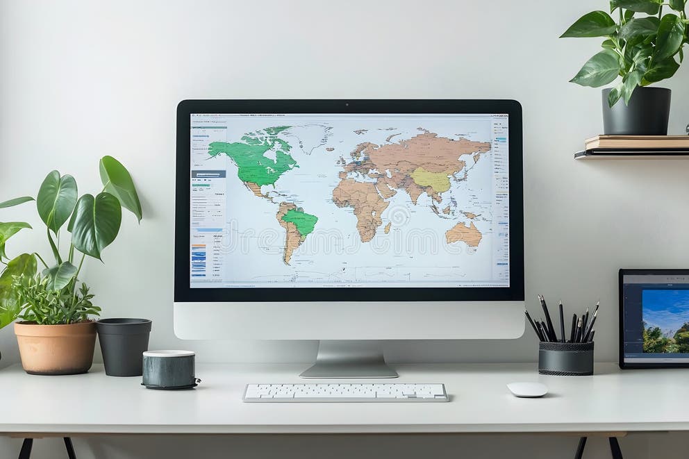 Computer Monitor Displaying a Detailed World Map with Colorful Regions ...