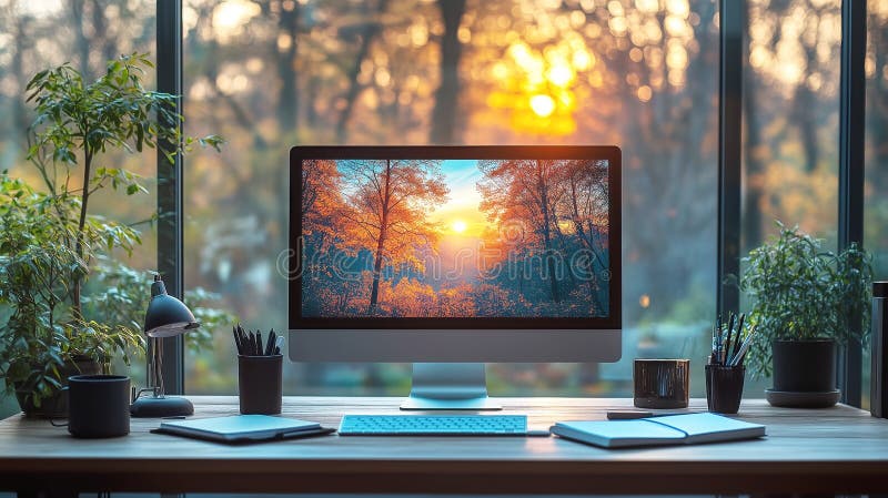 Monitor on a Table Inside the House in Sunset Stock Illustration ...
