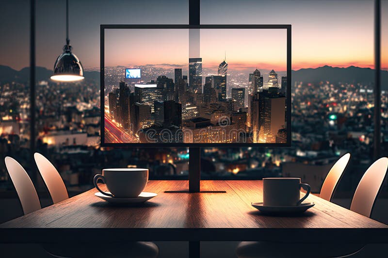 Monitor on Table on Top of Skyscraper Cafe. Generative AI Stock ...