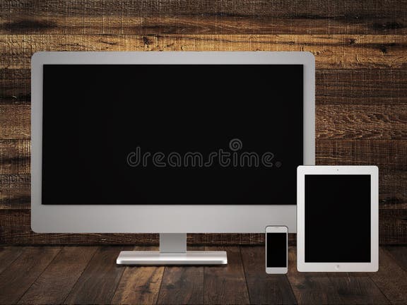 Monitor tablet and phone stock image. Image of wooden - 48194205