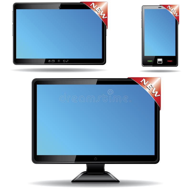 Monitor, Tablet and Smart Phone with Label Stock Vector - Illustration ...