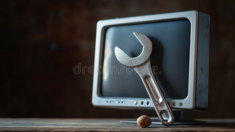 Monitor with Wrench and Nut Overlay Representing Computer Repair and ...