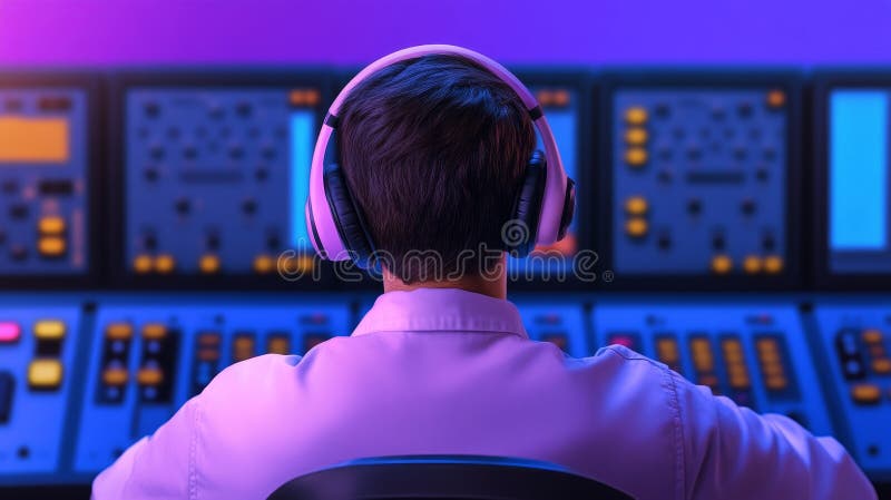 Monitoring Audio Control Room with Headphones Studio Engineer Wearing ...