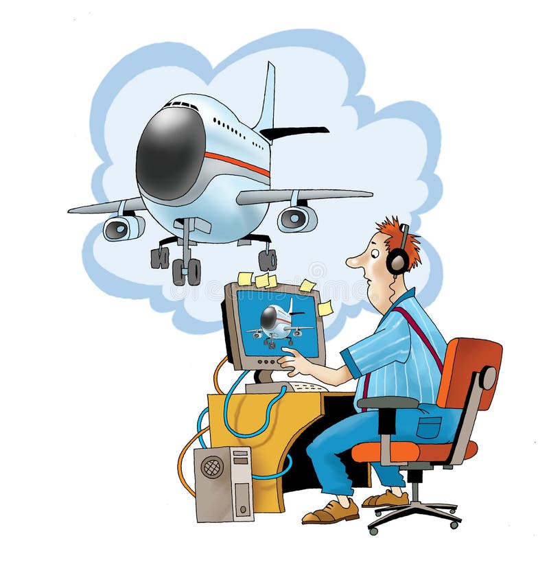 Monitoring Dispatcher Plane Computer Cartoon Drawing Stock Illustration ...