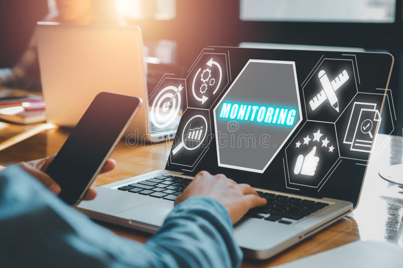 Business Person Working on Laptop Computer with Monitoring Process Icon ...