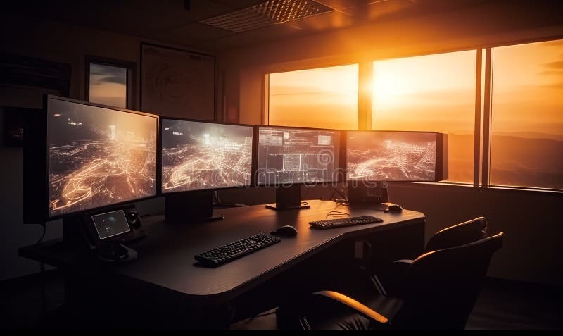 Monitoring Room Control with a Few Screens on the Desk. Windows with ...