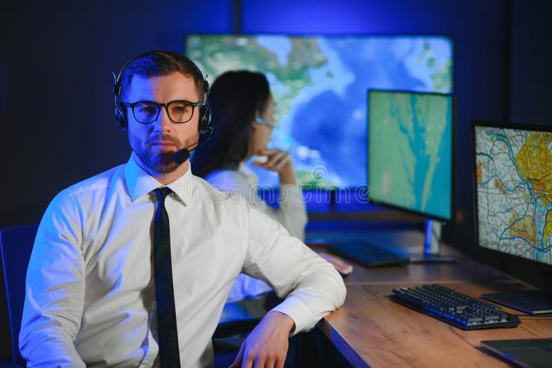 In Monitoring Room Technical Support Specialist Speaks into Headset ...
