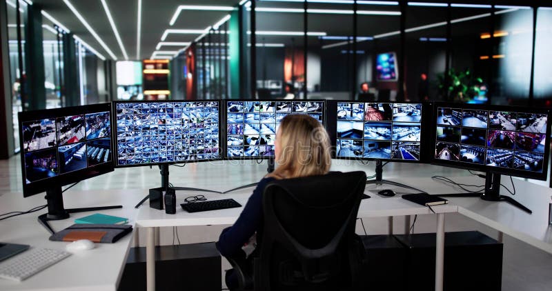 Monitoring Security Room: Woman Operating CCTV Camera System Stock ...