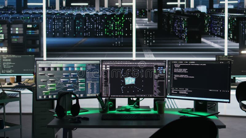 Monitors In Data Center Displaying Node Tree Interfaces Monitoring Gear Health Stock Footage