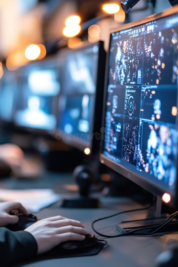 Monitors Display Different Camera Feeds, Creating a Secure High-tech ...