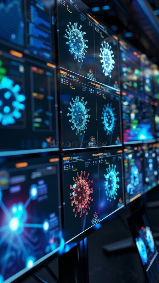 Monitors Displaying Digital Virus Models in a Laboratory Setting Stock ...