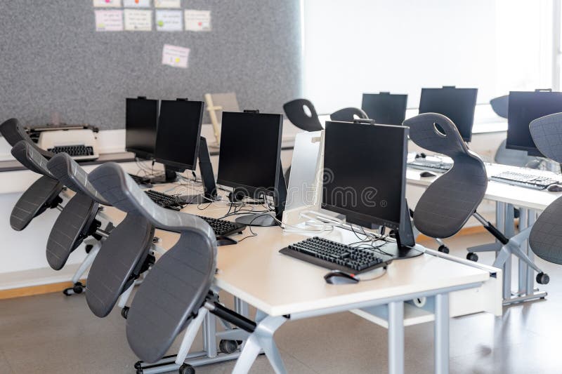 Monitors and Keyboard in an Empty Computer Lab at a Secondary School ...