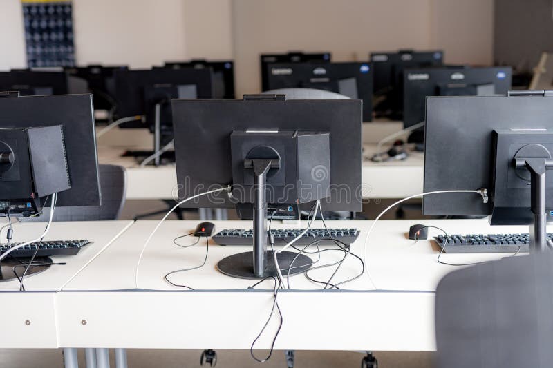 Monitors and Keyboard in an Empty Computer Lab at a Secondary School ...
