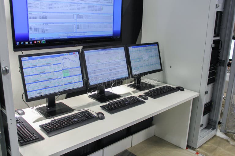 Monitors and servers. editorial stock photo. Image of table - 80201918