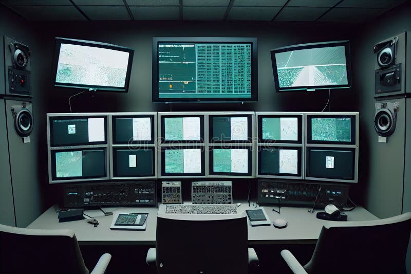 Monitors in Surveillance Room, with Feeds from Different Locations and ...