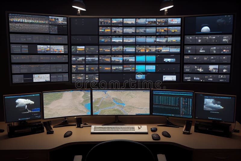 Monitors in Surveillance Room, with Feeds from Different Locations and ...