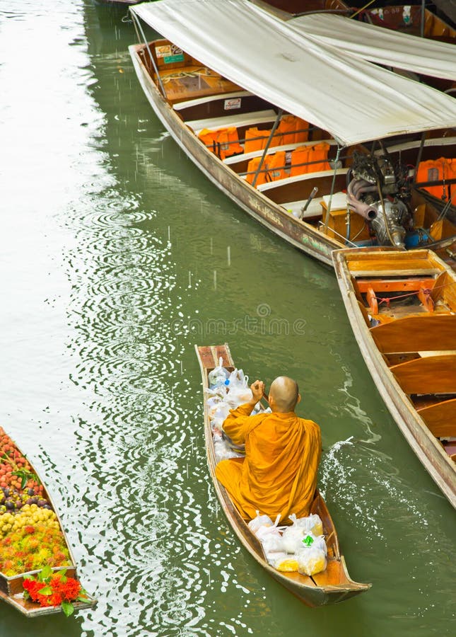 Monk on a Boat at Floating Market, Thailand Stock Image - Image of ...