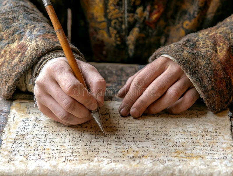 Monk Carefully Copying an Ancient Book Using an Elegant Pen, Preserving ...
