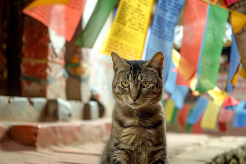 Monk Cat in Temple with Prayer Flags Behind Stock Image - Image of ...