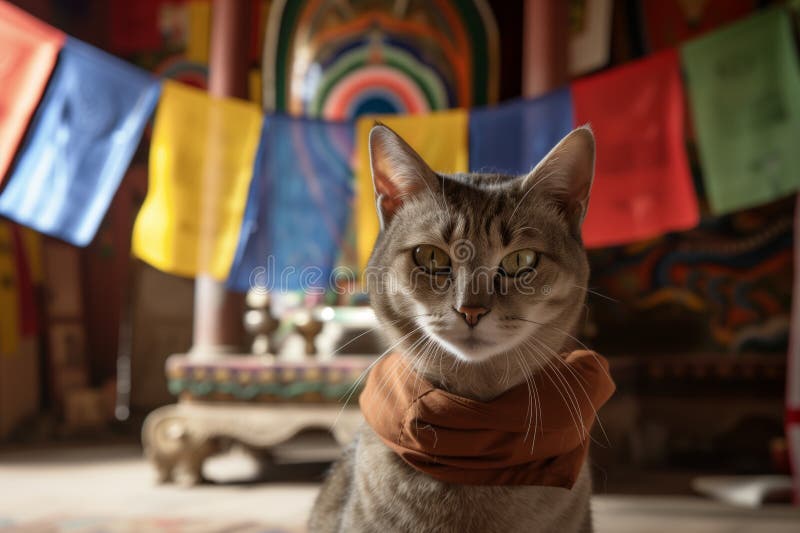 Monk Cat in Temple with Prayer Flags Behind Stock Photo - Image of ...