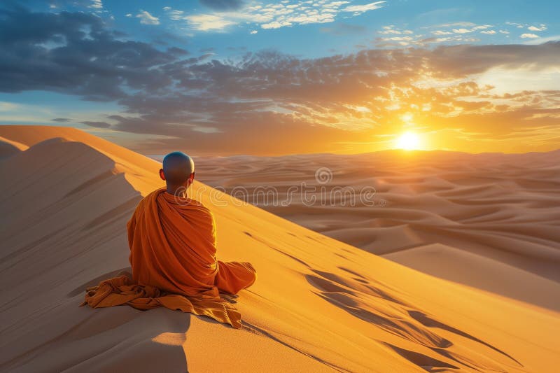 Monk on a Desert Dune at Dawn, Sitting Facing the Rising Sun Stock ...
