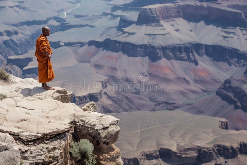 Monk at the Edge of a Cliff Overlooking a Vast Canyon Below Stock Photo ...