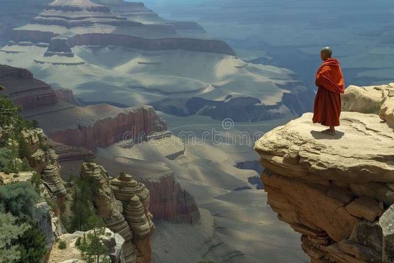Monk at the Edge of a Cliff Overlooking a Vast Canyon Below Stock Image ...