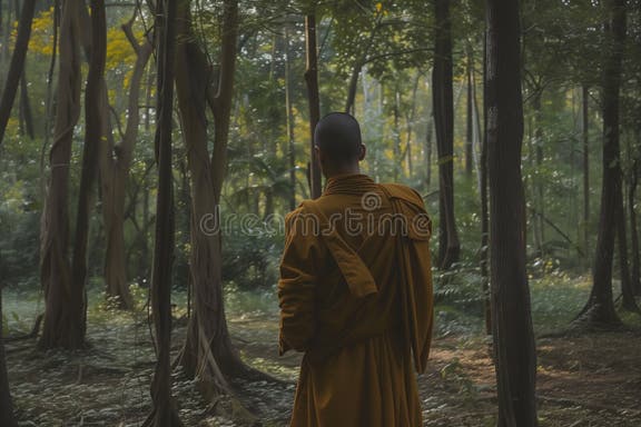 Monk in a Forest Clearing, Back To the Camera, Surrounded by Trees ...