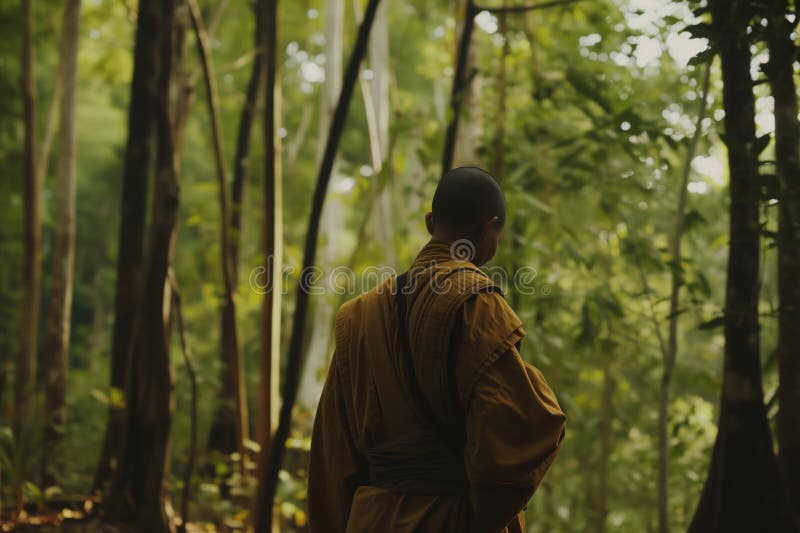Monk in a Forest Clearing, Back To the Camera, Surrounded by Trees ...