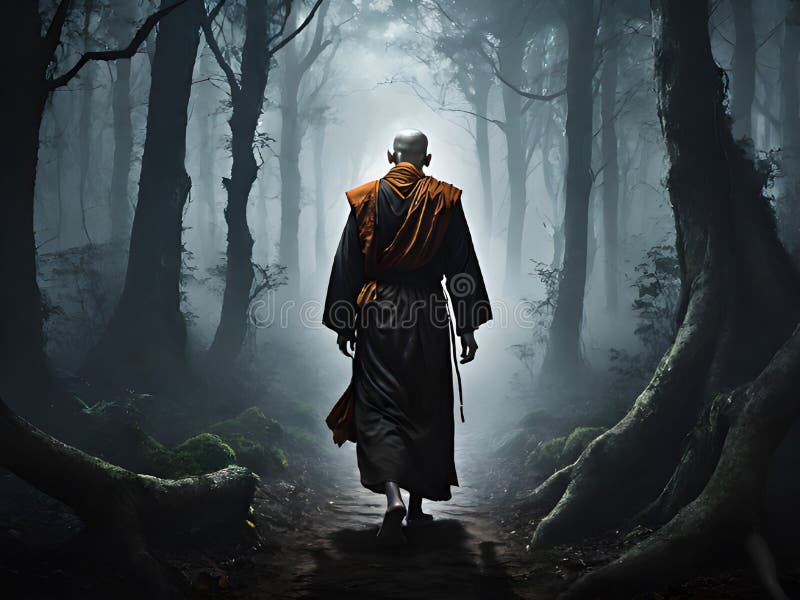 Monk walking in the forest stock illustration. Illustration of religion ...
