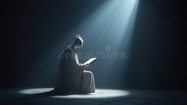 Monk-like Creature Reads Ancient Book in Dark Stone Cell Stock Image ...