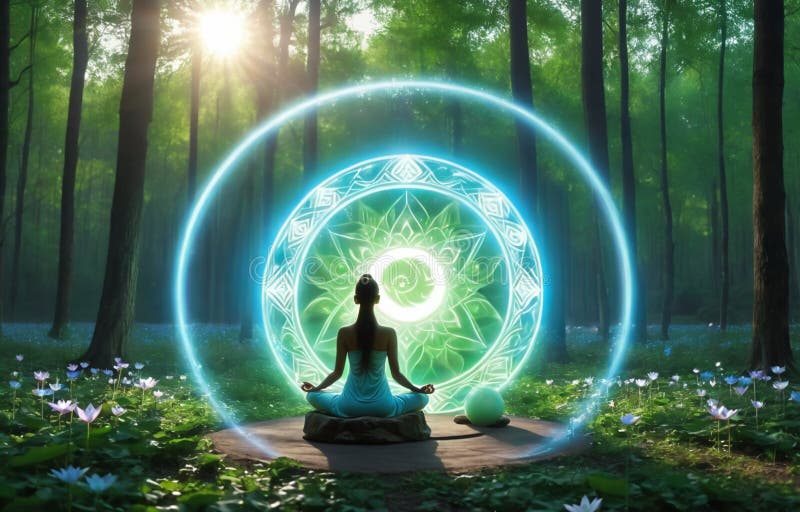 Monk in Lotus Pose Practicing Meditation in Spring Forest in Magic ...